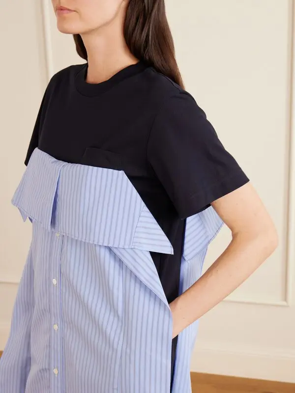 Sacai Paneled Ruffled Cotton-jersey And Poplin Mini Dress