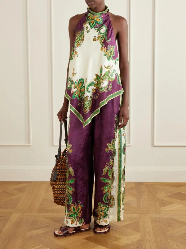 ALEMAIS Ruthie Floral-print Satin-jacquard Halterneck Top - Purple