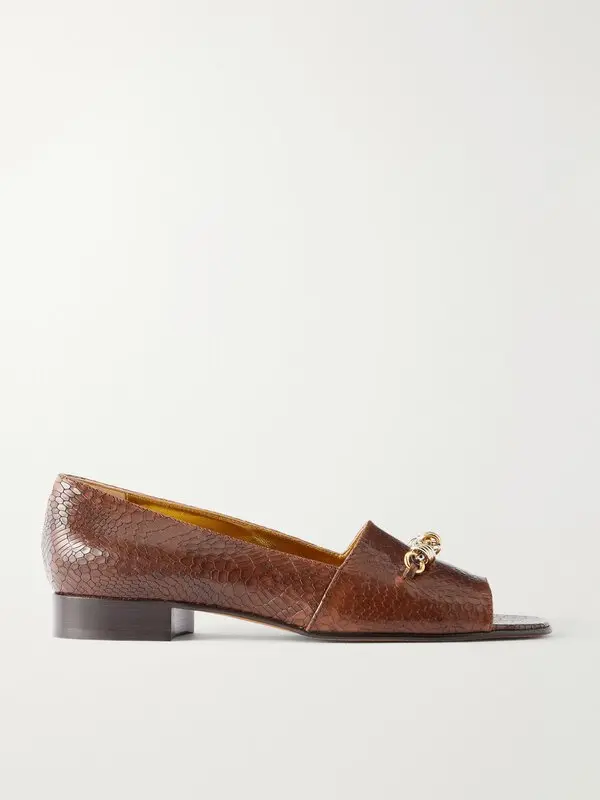 Tory Burch Chain-detail Croc-effect Leather Loafers - Brown
