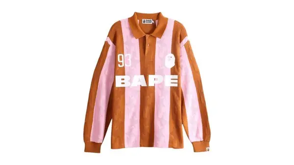 A BATHING APE Sta Stripe Pattern Jacquard Logo Relaxed Fit Long Sleeve Tee Shirt - Beige