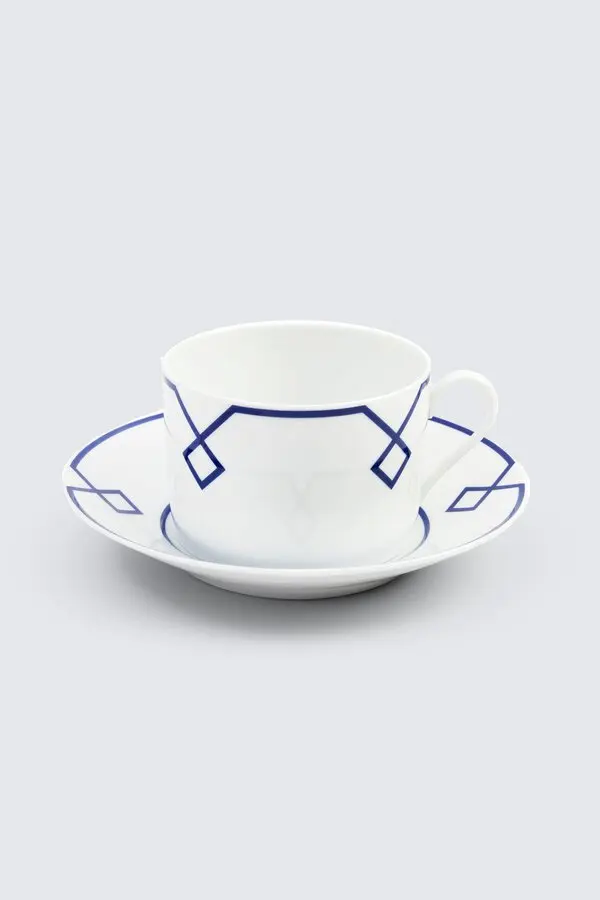 EMILIA WICKSTEAD Naples Tea Cup And Saucer With Navy Border - Geometric