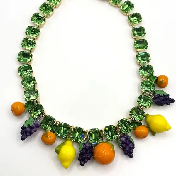 ACHALA HANDCRAFTED Fruit Charm Statement Necklace – Crystal & Hand-painted Fruit Motif - Green