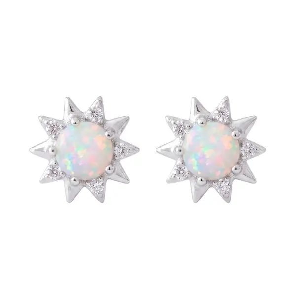LATELITA Sunflower White Opal Stud Earrings With Cubic Zirconia In Sterling Silver - Silver/white