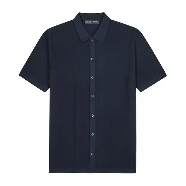 PAUL JAMES KNITWEAR Organic Cotton Dante Linen Patterned Shirt Navy - Blue