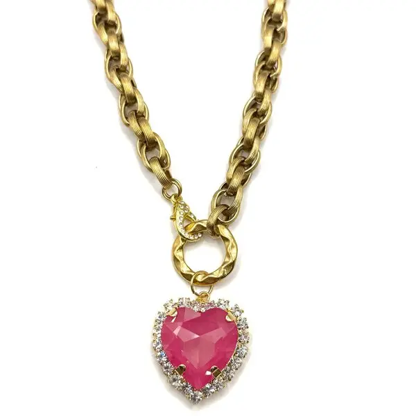 ACHALA HANDCRAFTED Gold Plated Heart Crystal Pendant Necklace - Gold/pink
