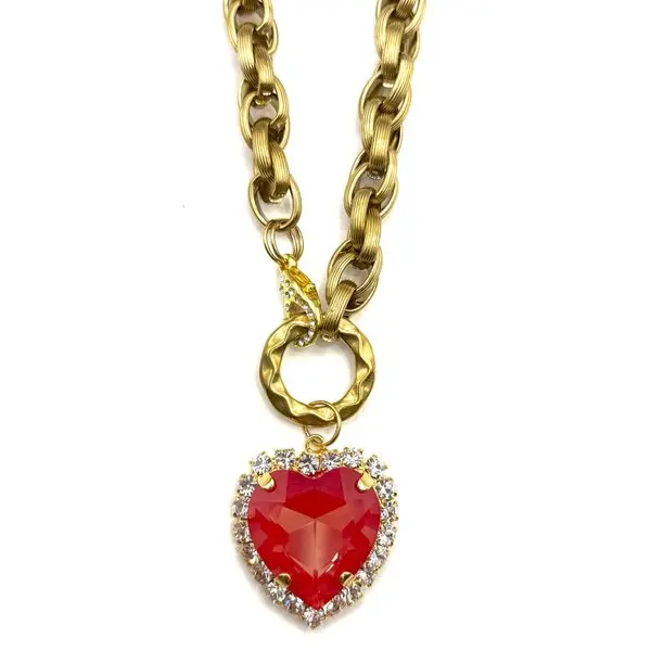 ACHALA HANDCRAFTED Gold Plated Crystal Heart Pendant Necklace - Red/gold