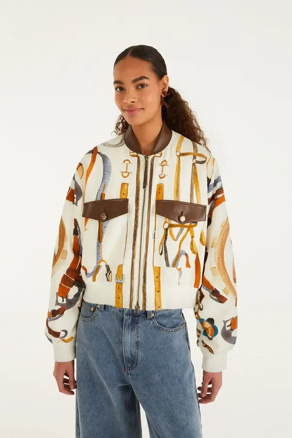 Farm Rio Off-white Equestrian Scarf Pockets Bomber Jacket - Orange