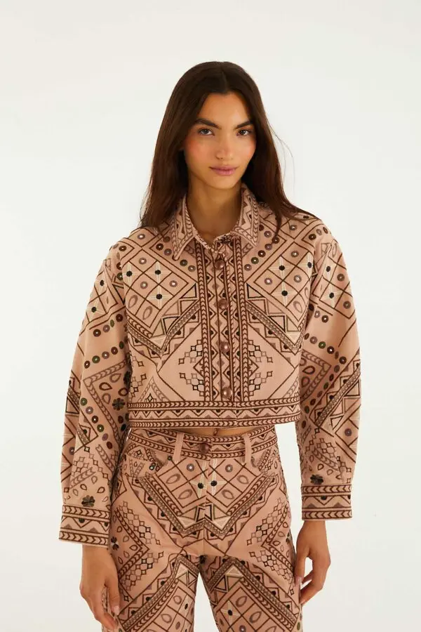 Farm Rio Beige Cosmopolitan Collared Crop Jacket - Light Pink