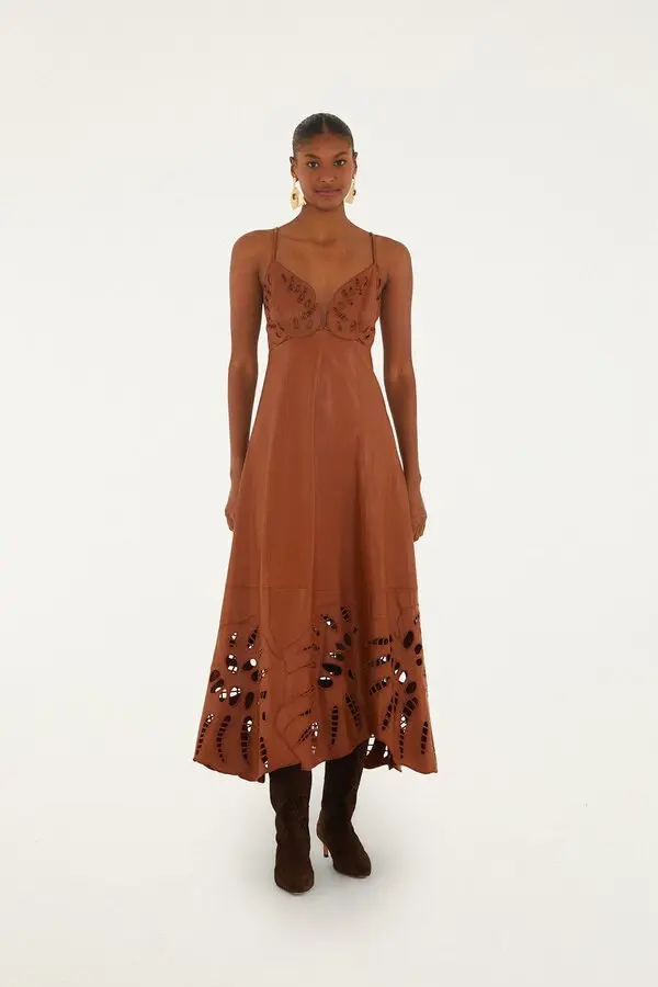 Farm Rio Monstera Cutwork Leather Midi Dress - Brown