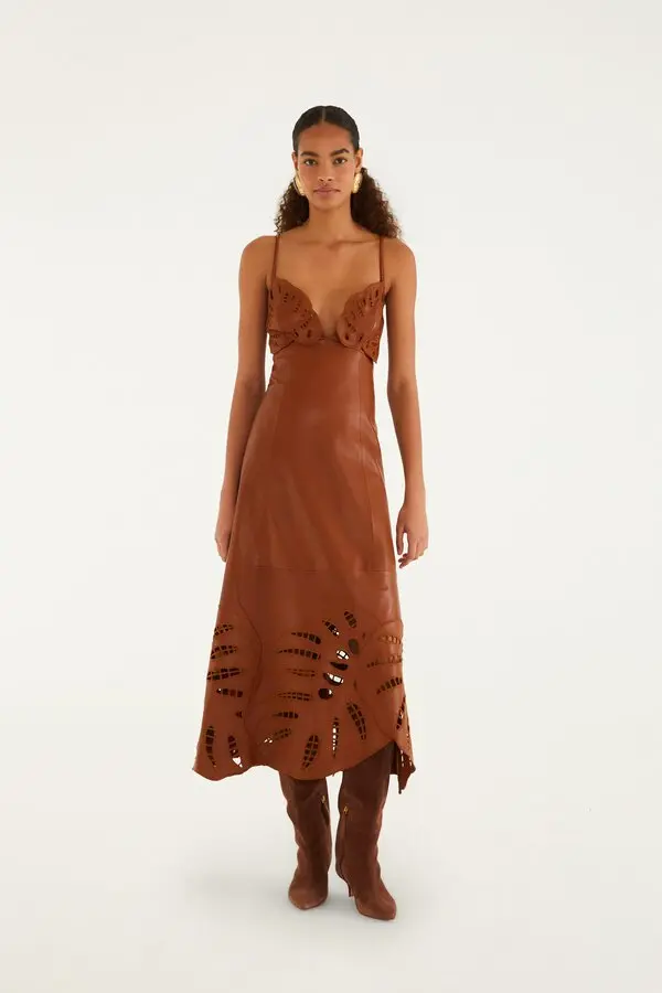 Farm Rio Monstera Cutwork Leather Midi Dress