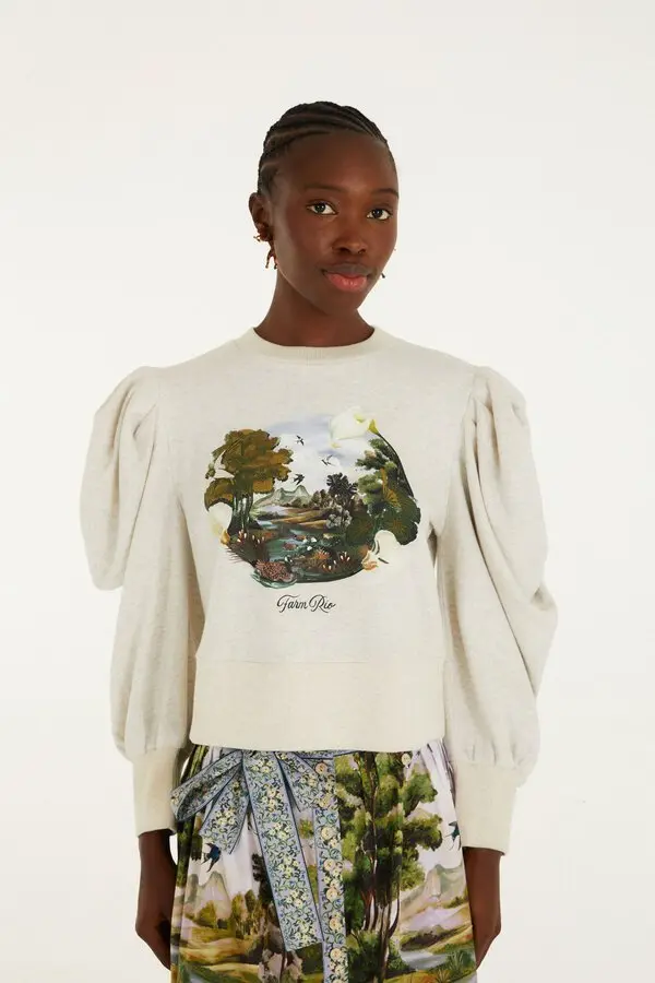Farm Rio Grey Countryside Landscape Puff Sleeve Sweater - Off-white