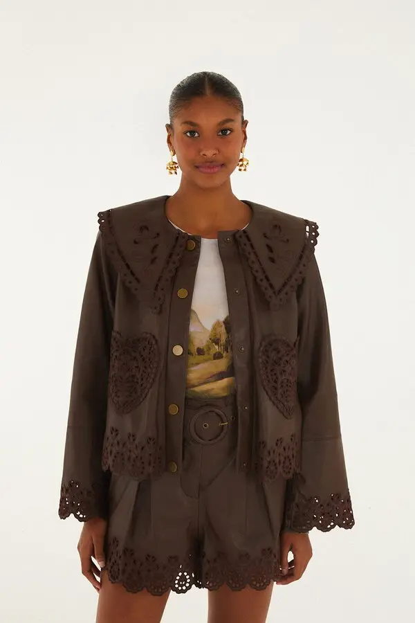 Farm Rio Hearts Richelieu Leather Jacket - Dark Brown