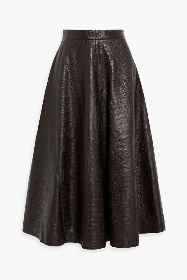 RÓHE Croceffect Leather Midi Skirt - Chocolate