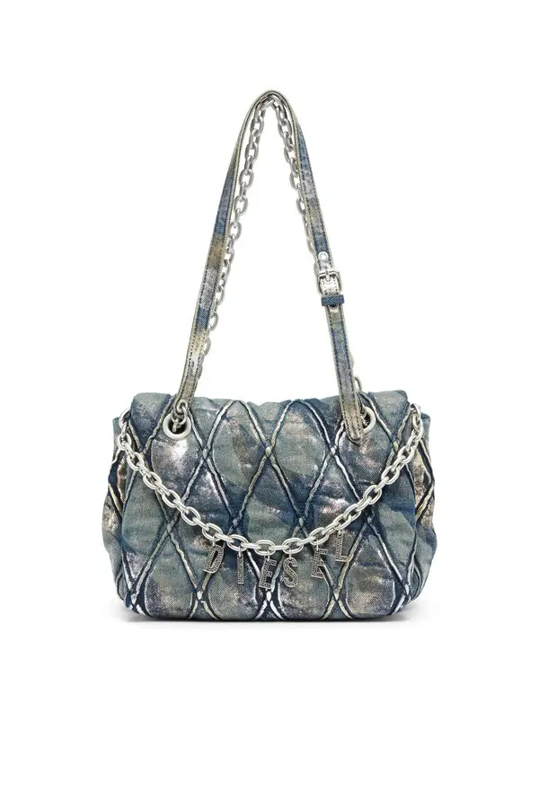 DIESEL® Padded Quilted Denim Shoulder Bag With Chain Detail - Blue