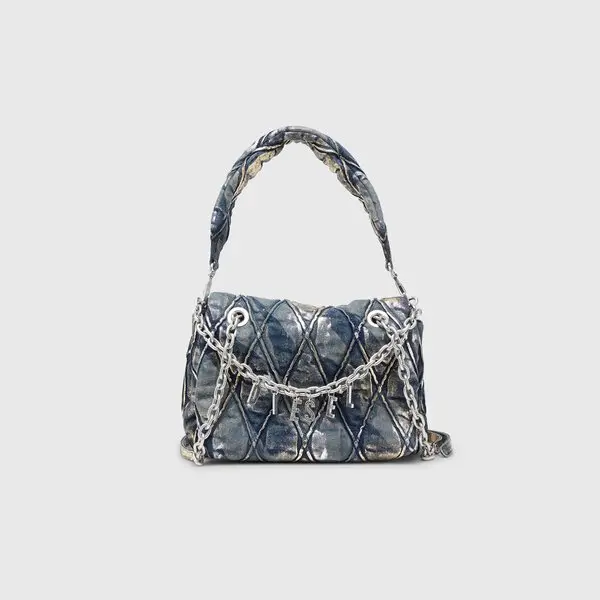 DIESEL® Padded Quilted Denim Shoulder Bag With Chain Detail - Blue
