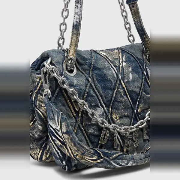 DIESEL® Padded Quilted Denim Shoulder Bag With Chain Detail - Blue