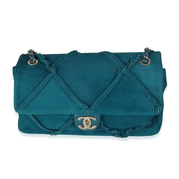 Chanel Teal Suede Goatskin Diamond Fringe Flap Bag - Blue