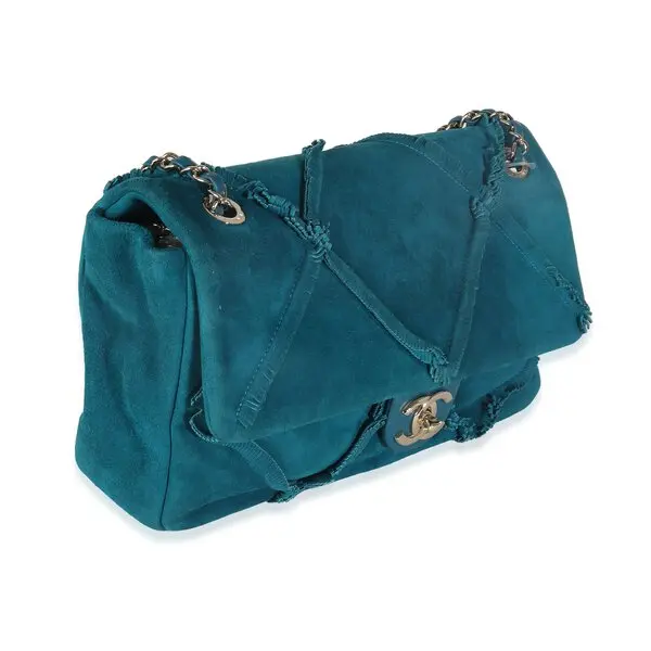 Chanel Teal Suede Goatskin Diamond Fringe Flap Bag