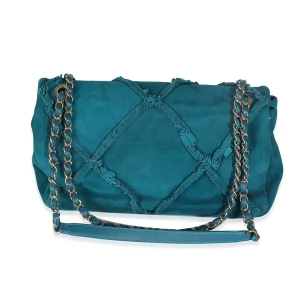 Chanel Teal Suede Goatskin Diamond Fringe Flap Bag