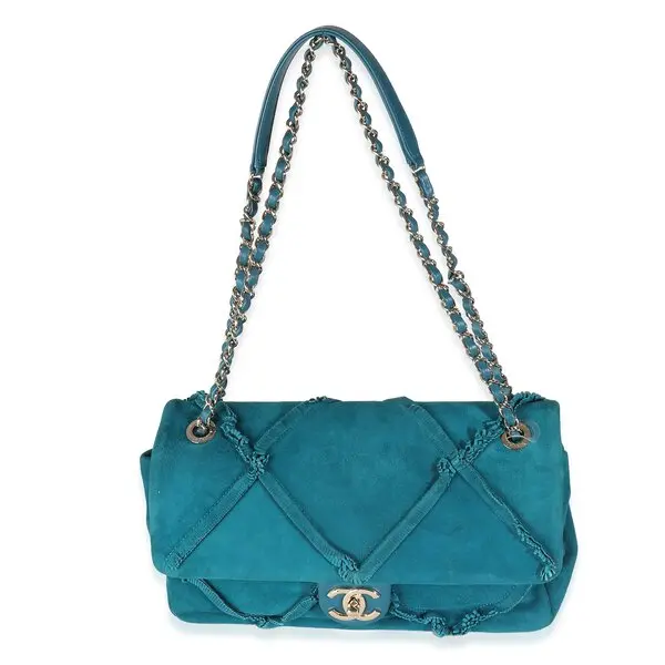 Chanel Teal Suede Goatskin Diamond Fringe Flap Bag
