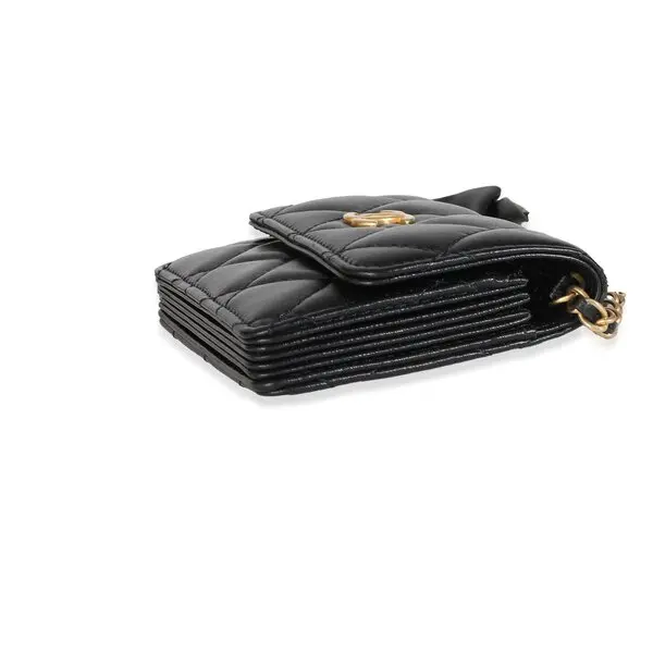 Chanel Quilted Lambskin Ruffled Card Holder On Chain - Black