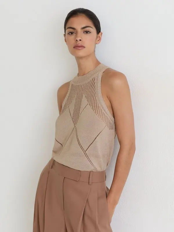 REISS Maya Cotton-blend Argyle Open-knit Vest - Neutral