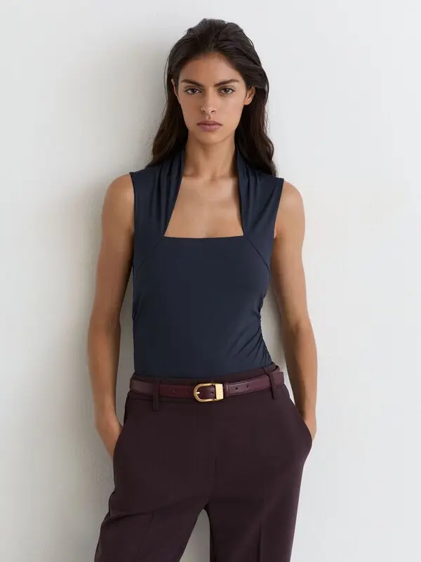 REISS Harri Square-neck Ruched Sleeveless Top - Navy