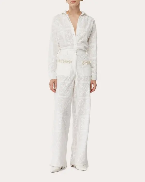 Waimari Ivora Embroidered Patchwork Wide-leg Pants - White