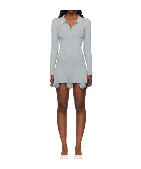 CONNER IVES Ribbed Knit Pom Pom Hem Mini Dress - Grey