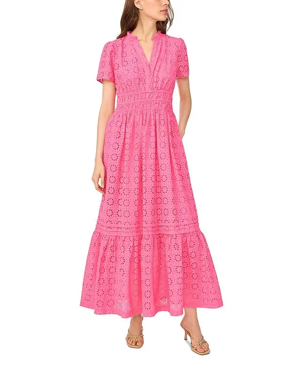 CECE DUPRAZ Eyelet Split Neck Maxi Dress - Azalea