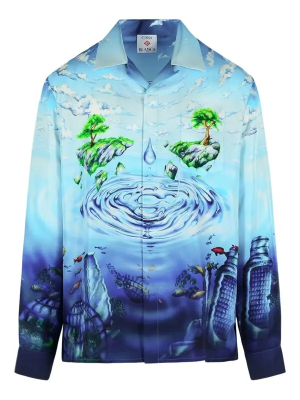 Casablanca Printed Button-down Shirt With Chest Pocket Long Sleeve - Light Blue