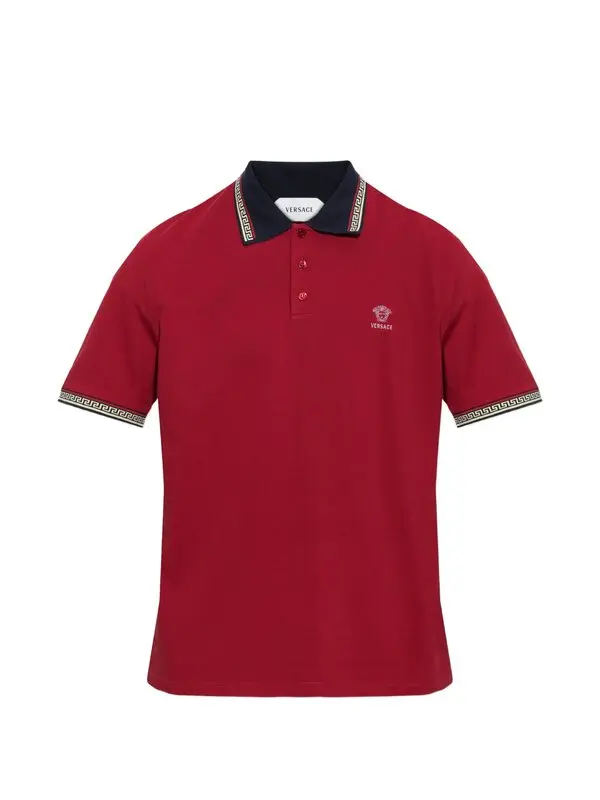 Versace Style Embroidered Medusa Logo Greek Motif Shirt-collar Polo With Three-button Placket - Rosso