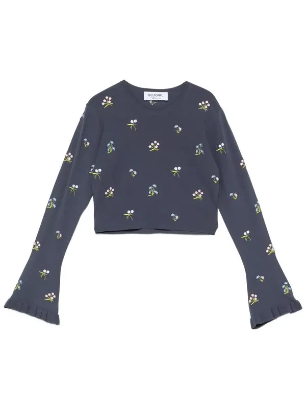 BLUGIRL Floral Embroidered Bell Sleeve T-shirt - Navy