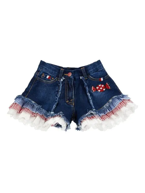 Monnalisa Denim Shorts With Fringed Trim And Applique