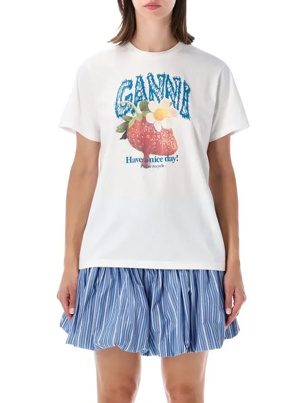 GANNI Strawberry Graphic Cotton T-shirt - Bianco