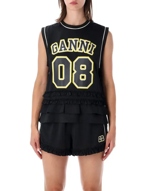 GANNI Sleeveless Graphic Ruffle Hem Top - Nero