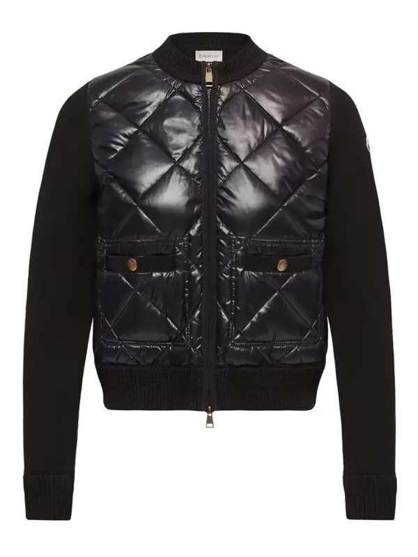 Moncler Down-filled Lacquered Nylon Front Zip-up Sweater With Snap Pockets, Gauge 14 - Nero