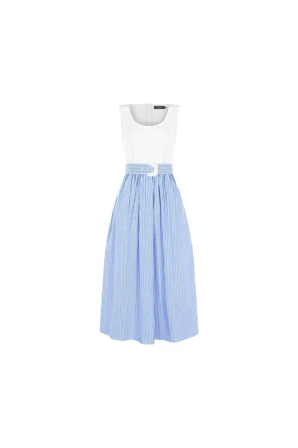 EXQUISE Belted Striped Regular Fit Midi Dress - Blue