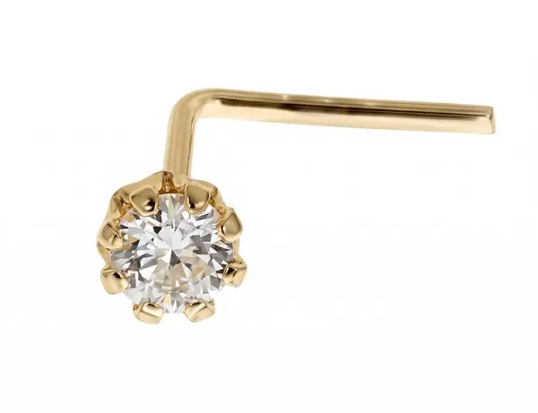 Zahav Jewelry 14k Solid Gold 1.5mm Cubic Zirconia L-shape Nose Stud - White