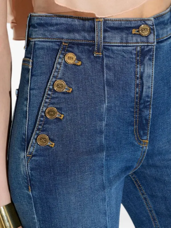 Elisabetta Franchi Flared Leg Denim Jeans With Golden Logo Buttons - Blue