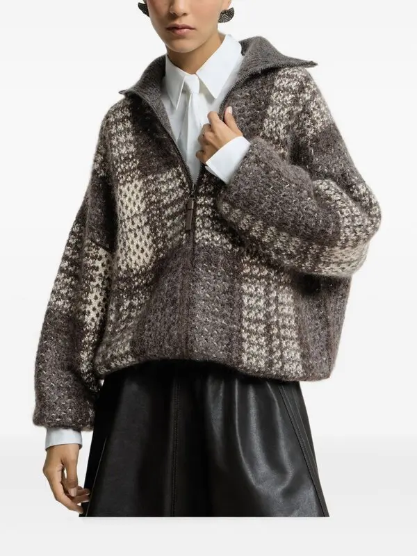 Brunello Cucinelli Checked Wool Zip-up Cardigan