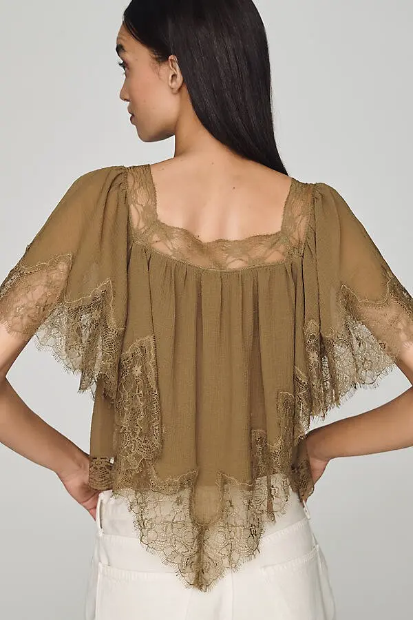 LYREBIRD Chiffon Lace Trim Cropped Top - Olive