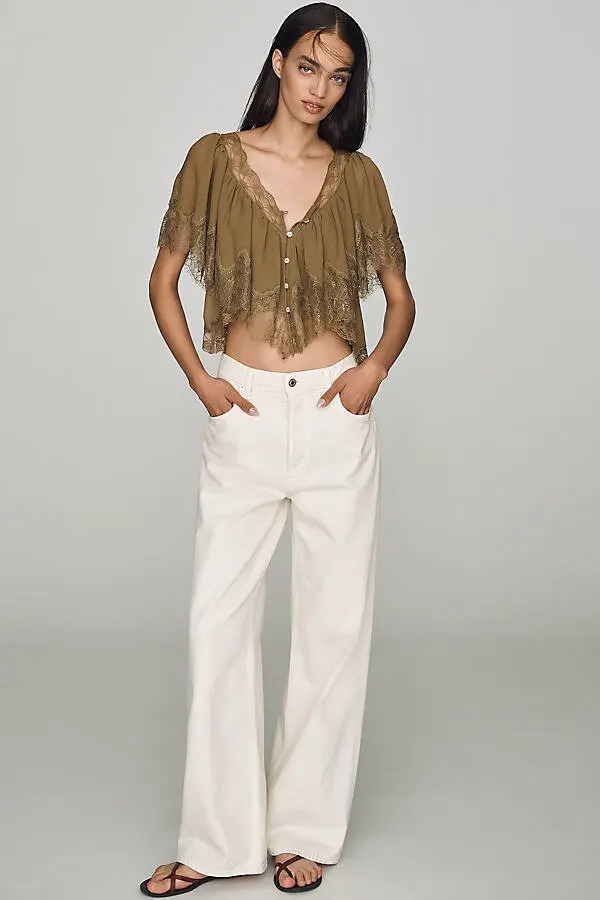 LYREBIRD Chiffon Lace Trim Cropped Top - Olive