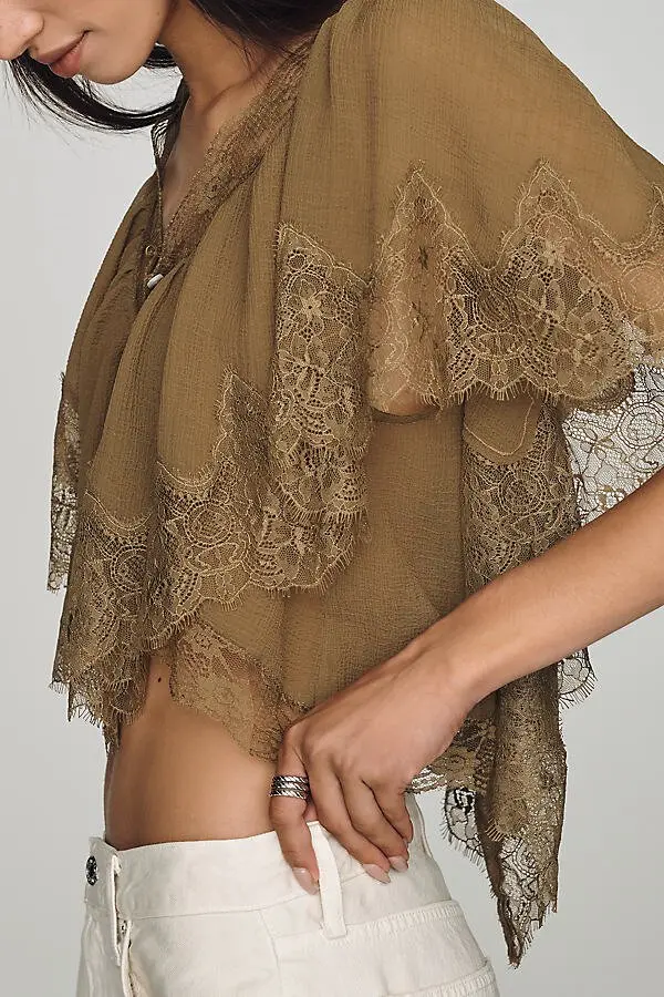 LYREBIRD Chiffon Lace Trim Cropped Top - Olive