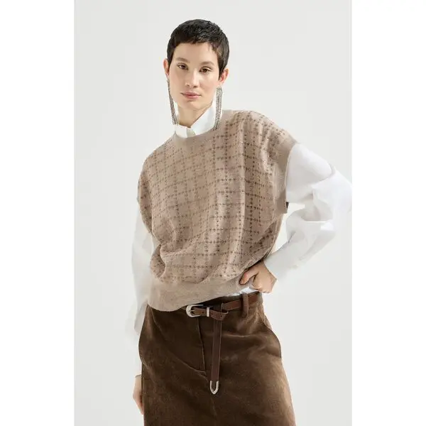 Brunello Cucinelli Cashmere Knit T-shirt With Dazzling Windowpane Embroidery - Beige