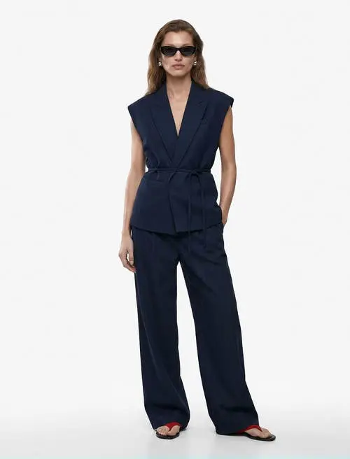 Koton Sleeveless Striped Blazer Vests With Belted - Navy Blue
