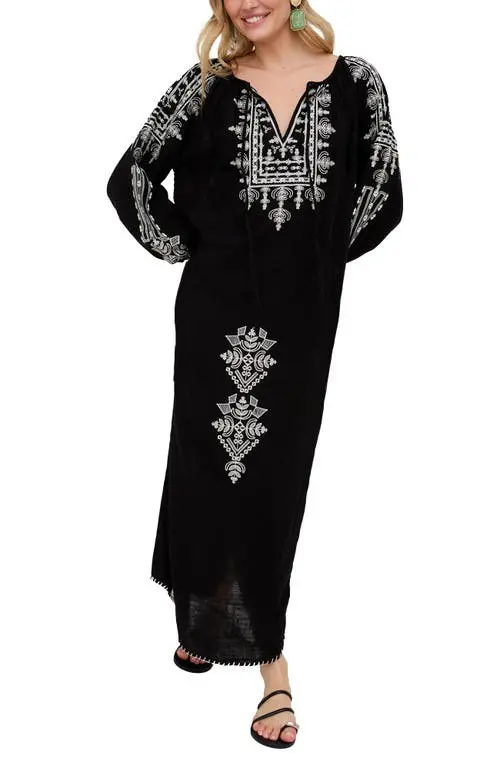 RAFFYA Aurelia Kaftan Style Embroidered Maxi Dress - Black