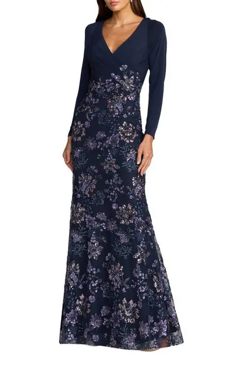 Mac Duggal Floral Embroidered Jersey Long Sleeve Gown - Midnight Multi