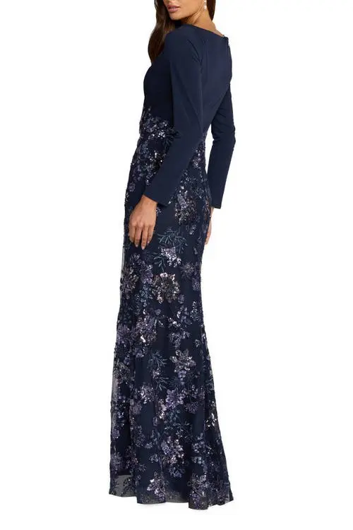 Mac Duggal Floral Embroidered Jersey Long Sleeve Gown