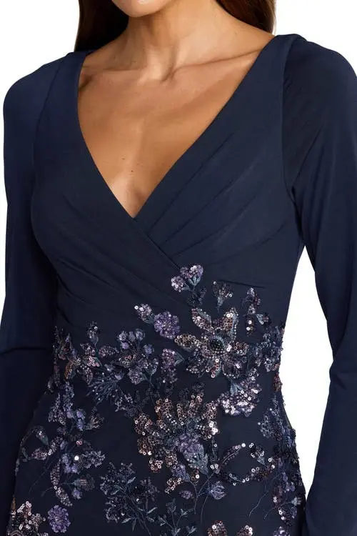Mac Duggal Floral Embroidered Jersey Long Sleeve Gown